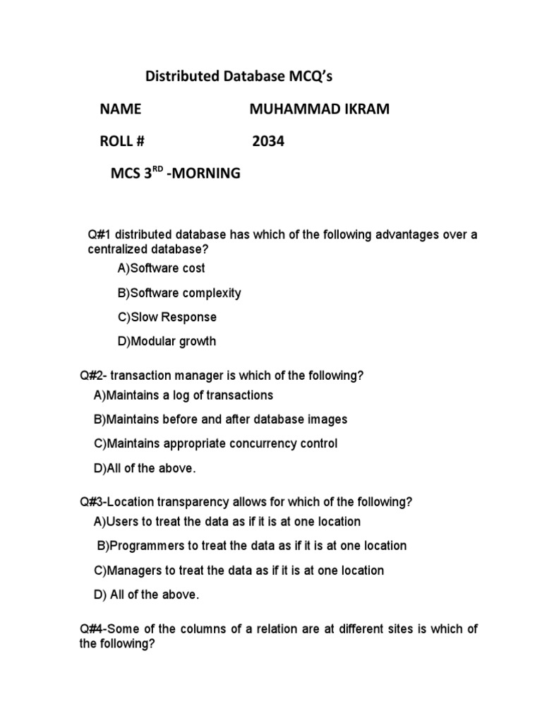 Distributed Database MCQ | PDF