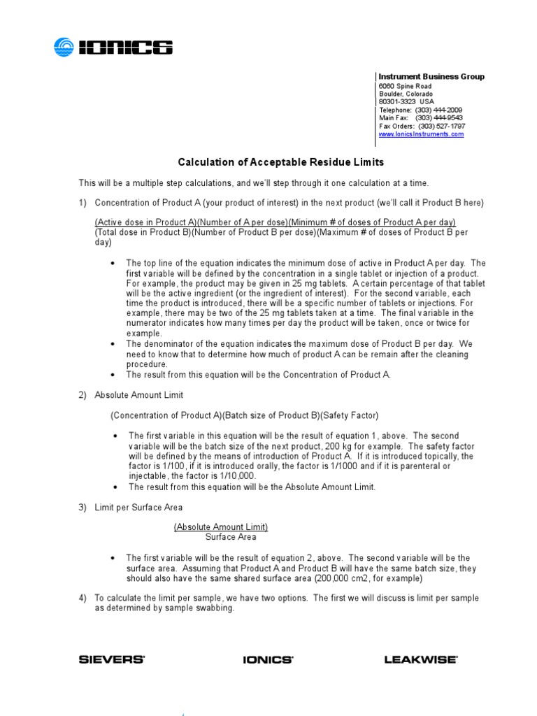 Calculation of Acceptable Residue Limits General | PDF | Total Organic ...