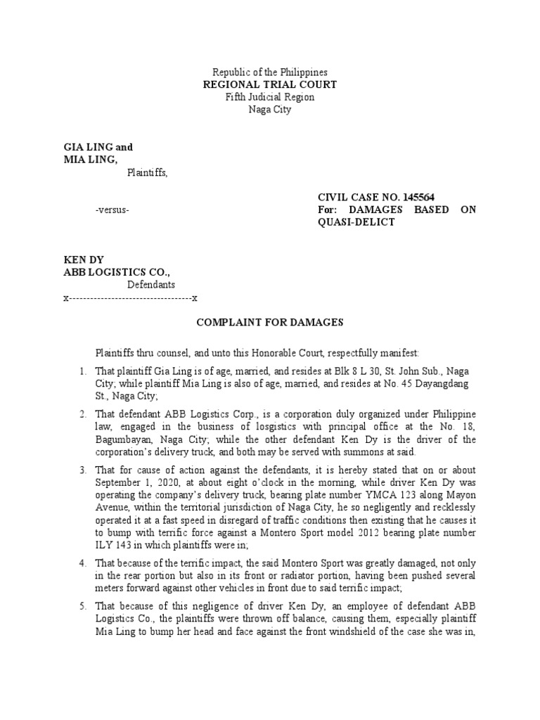 Complaint For Damages | PDF | Lawsuit | Damages