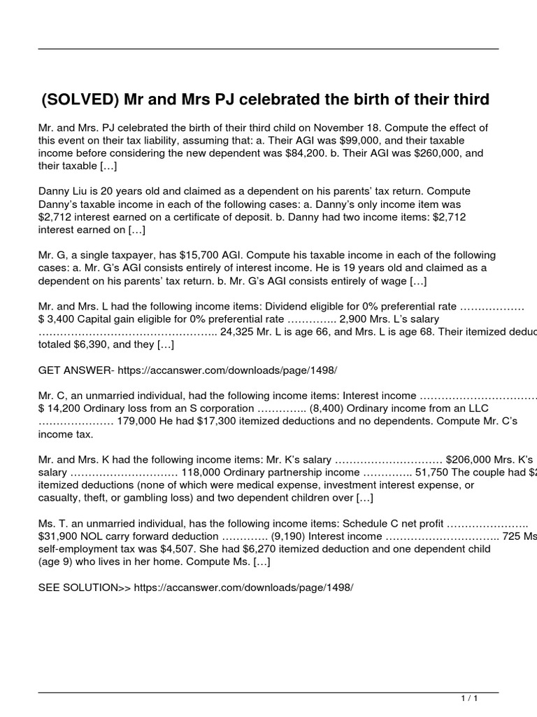 Solved MR and Mrs PJ Celebrated The Birth of Their Third | PDF | Tax ...