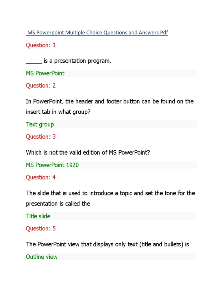 Ms Powerpoint MCQ Questions and Answers | PDF