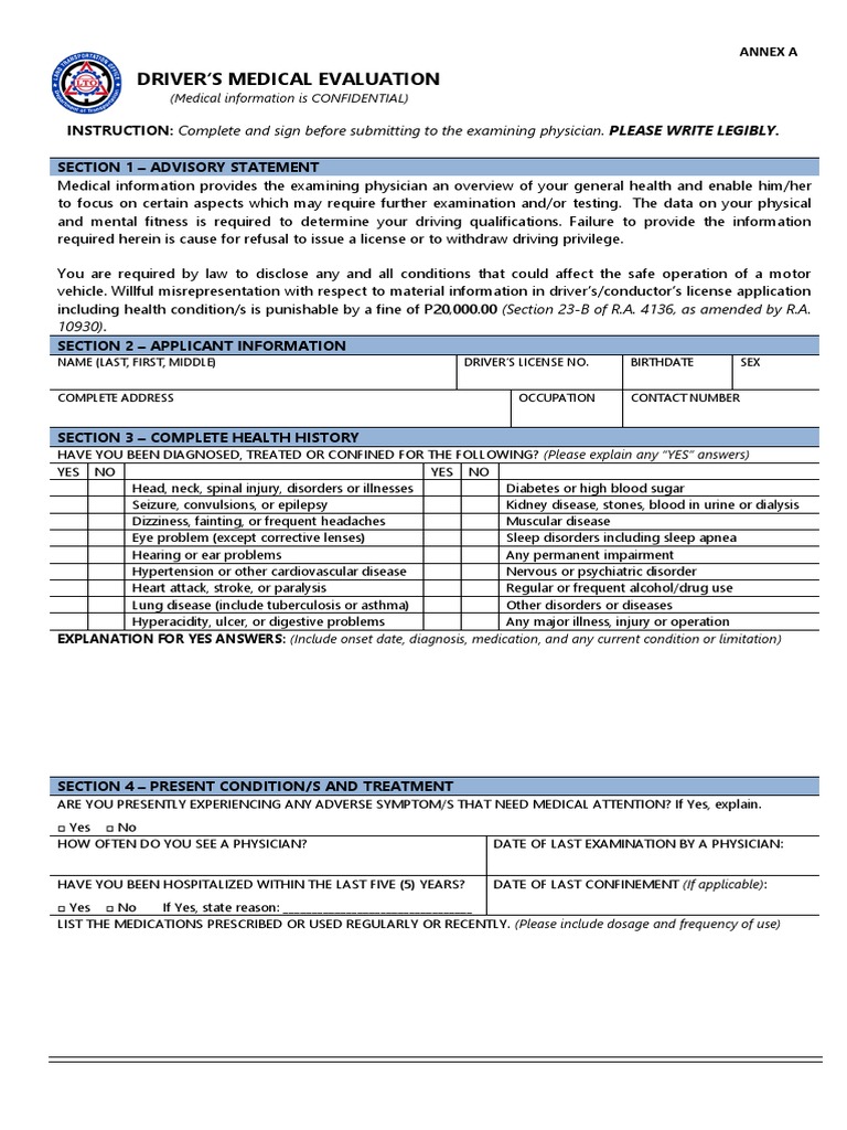 Annex A - Driver's Medical Evaluation Form (August 8 2018) - 2 | PDF ...