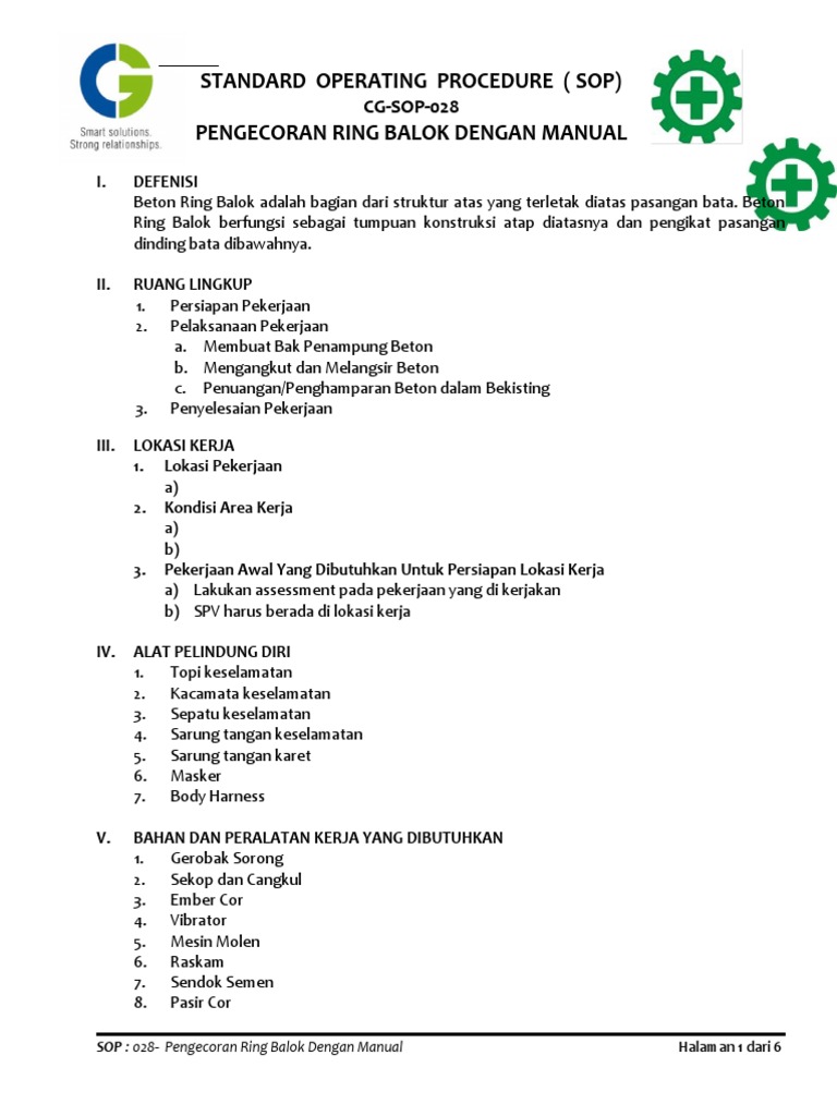 028-Sop Pengecoran Ring Balok Dengan Manual | PDF