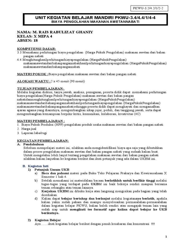 M.rais Rabulizat G. - X Mipa 4 - 18 - Ukbm 3.4 Pkwu | PDF | Bisnis