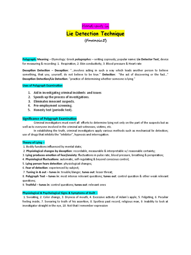 Lie Detection Technique (Forensic 5) Hand-Out | PDF | Polygraph | Lie