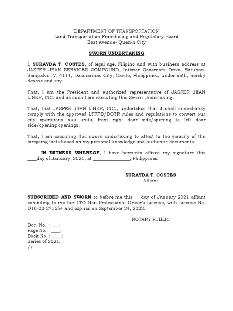 Sworn Undertaking - Right To Left Door | PDF