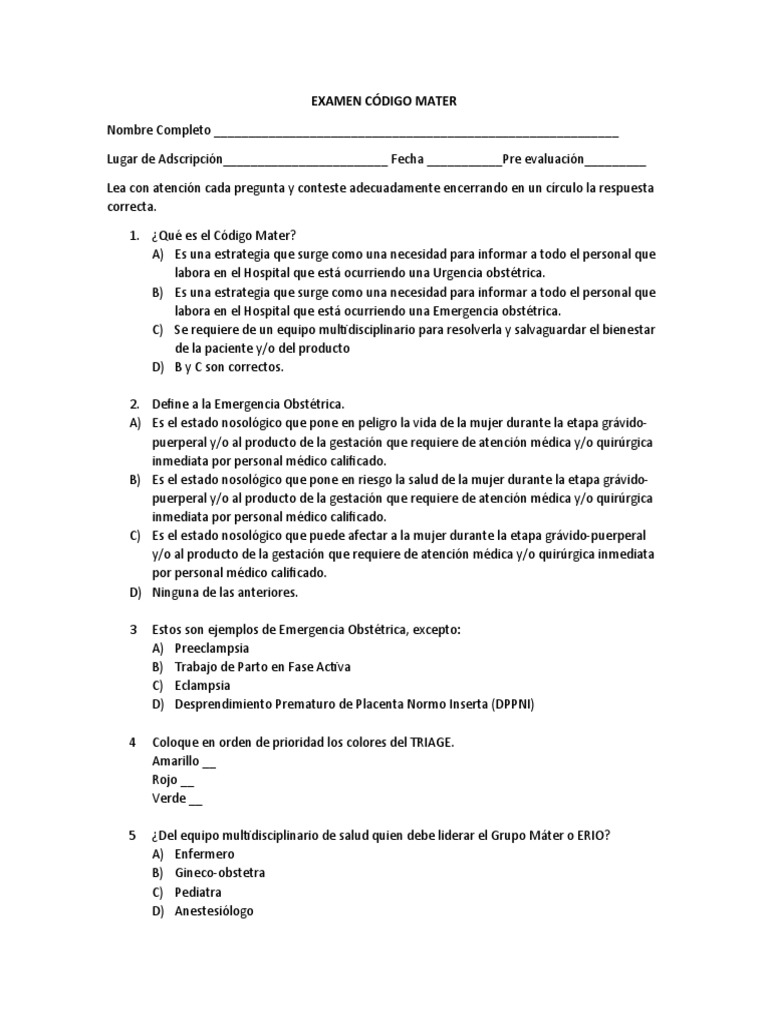 Pre y Postevaluación Curso Codigo Mater | PDF | El embarazo | Obstetricia