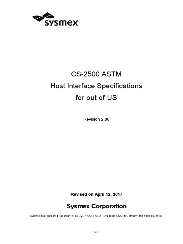 CS-2500 ASTM Host Interface Specifications For Out of US: Sysmex ...