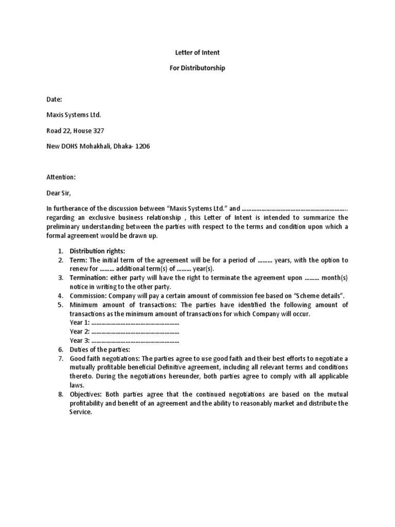 Letter of Intent For Distributorship | PDF | Law