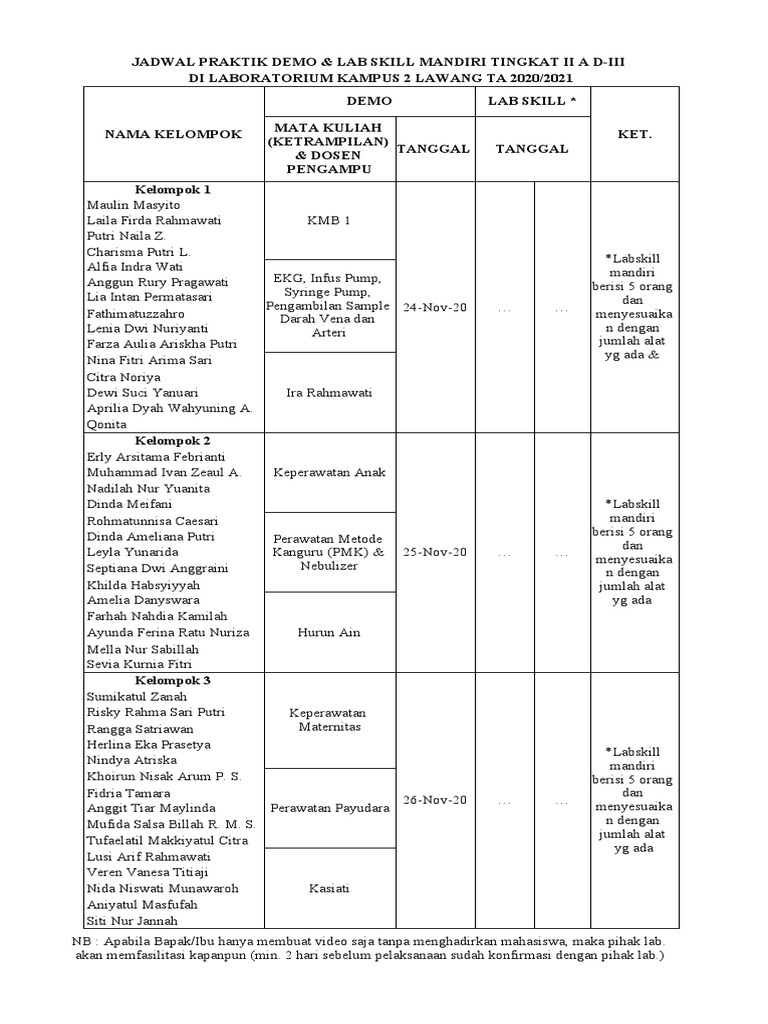 Jadwal Demo Dan Lab Skill TK 2 A | PDF