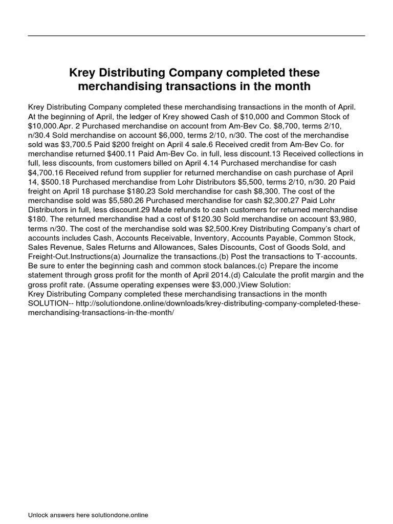 Krey Distributing Company Completed These Merchandising Transactions in ...
