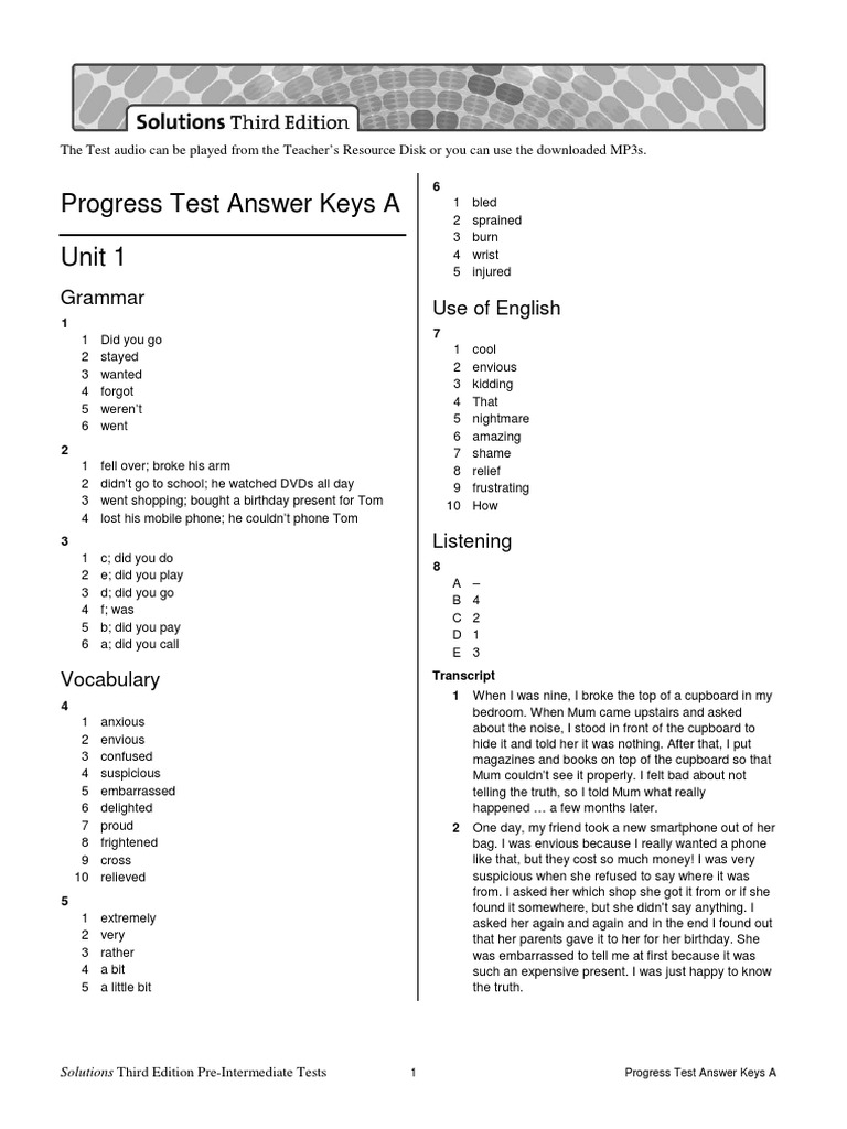 Progress Test Answer Keys A Unit 1: Grammar Use of English | PDF