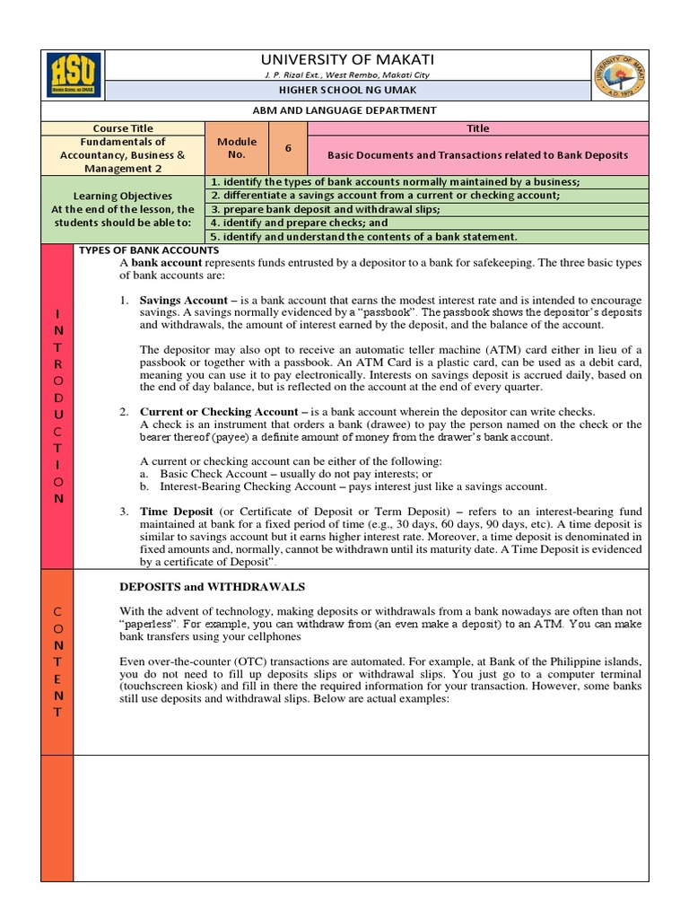 FABM2 Module 6 Basic Documents and Transactions Related To Bank Deposits | PDF | Transaction ...