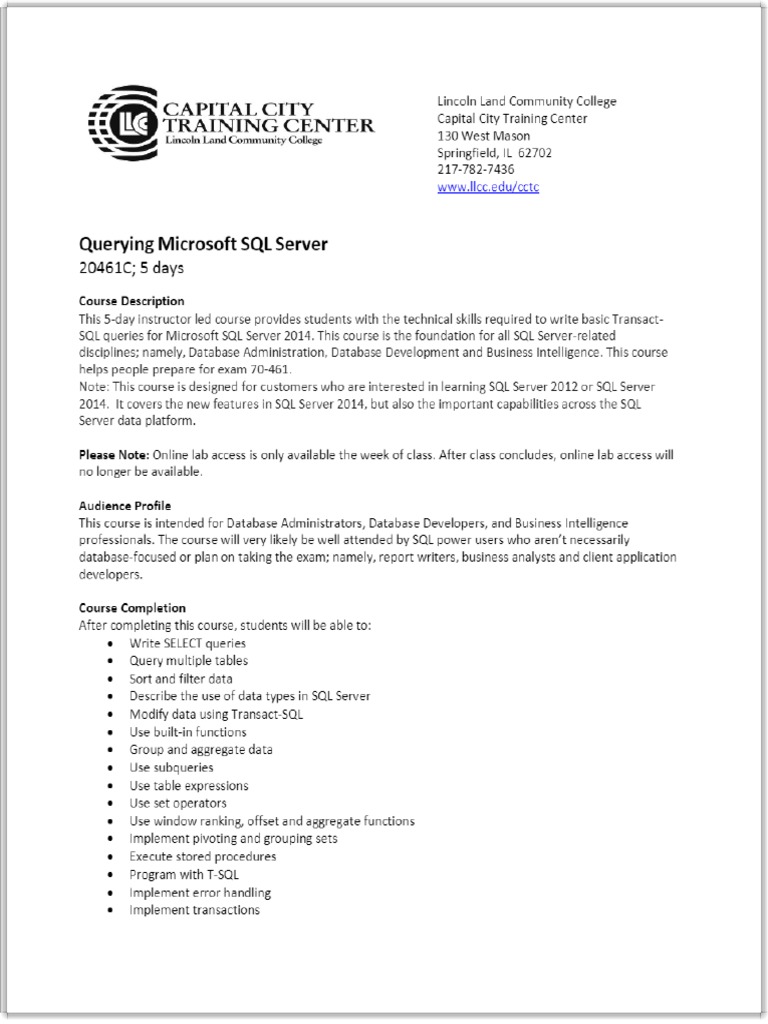 Querying Microsoft SQL Server 20461C 5 Days - PDF | PDF