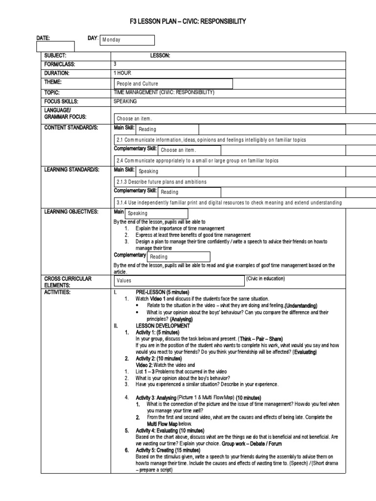 F3 Lesson Plan Civic Responsibility | PDF | Lesson Plan | Communication