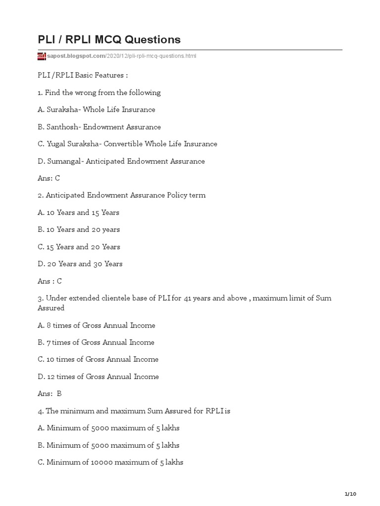 PLI RPLI MCQ Questions | PDF | Life Insurance | Sales