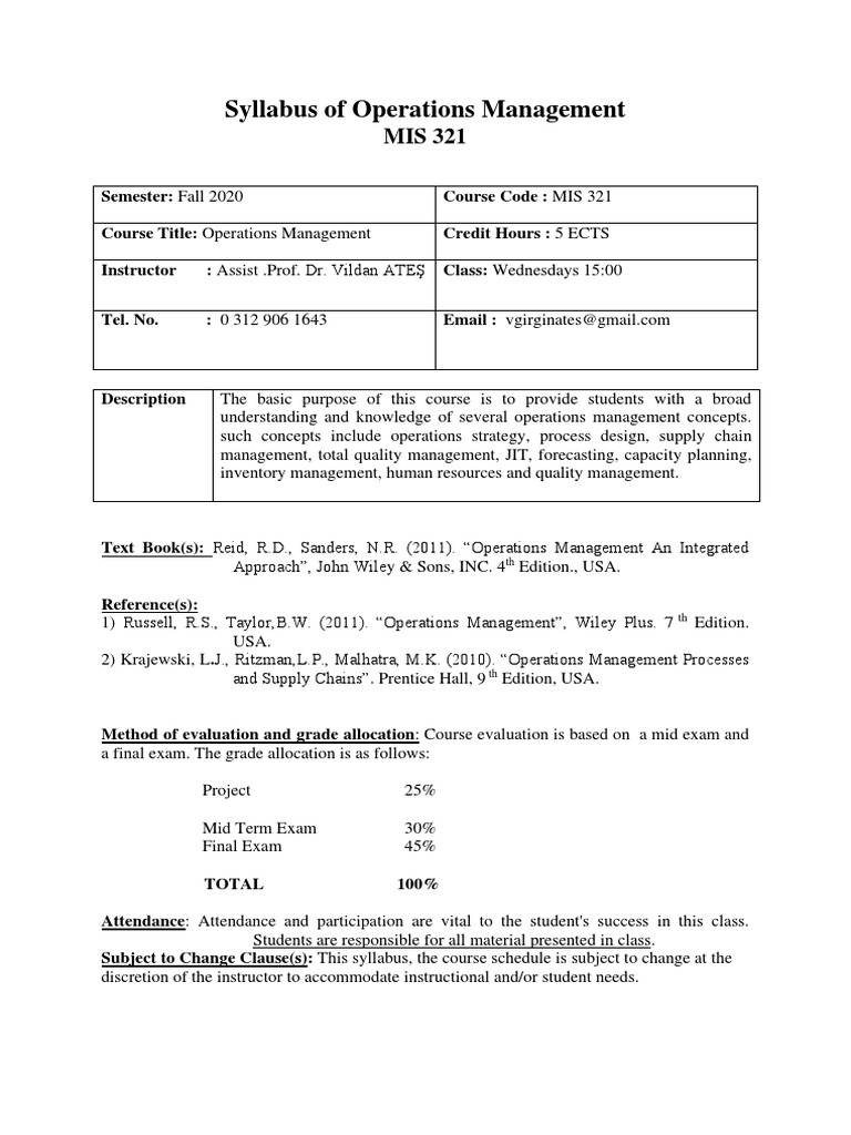 Syllabus of Operations Management | PDF | Operations Management | Test ...