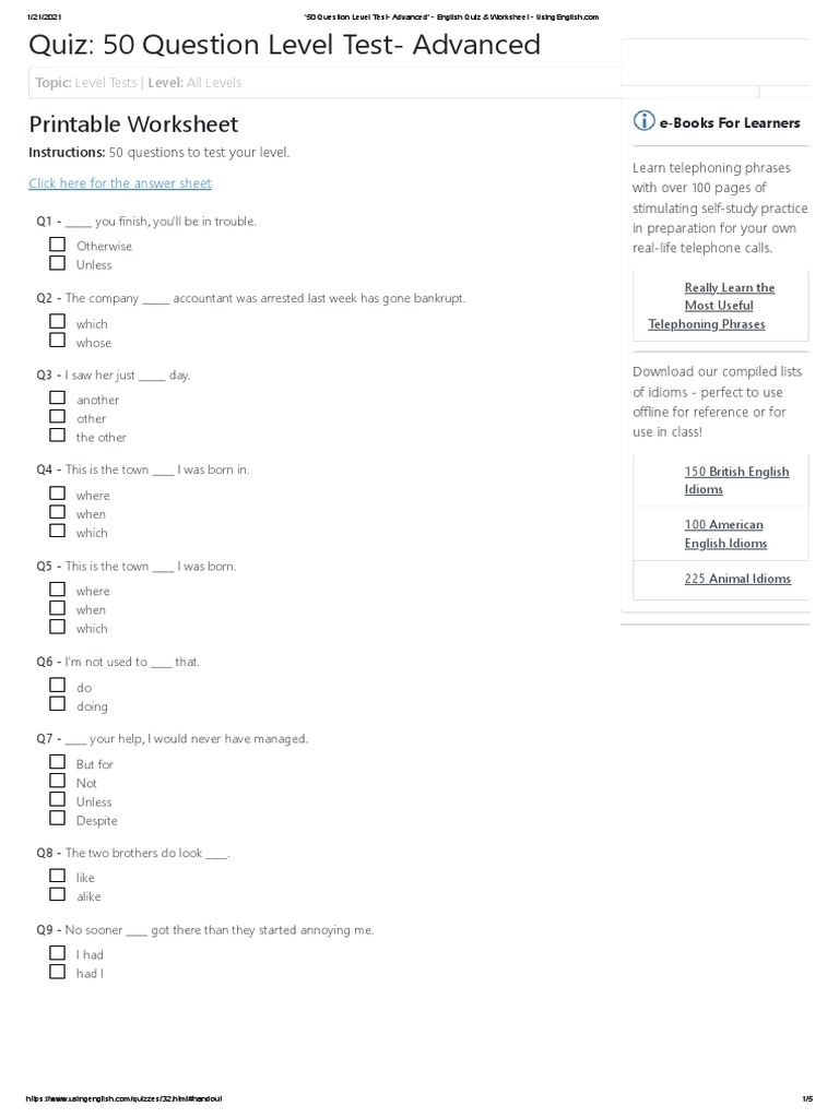 Quiz: 50 Question Level Test-Advanced: Printable Worksheet | PDF