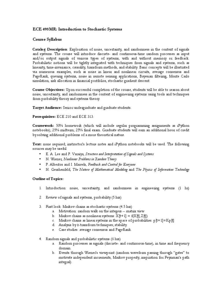 Ece 498mr Introduction To Stochastic Systems Course Syllabus Pdf Stochastic Process