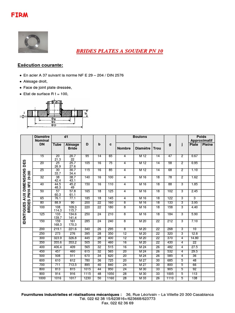 Brides Plates à Souder PN10 - Dimensions et Spécifications | PDF