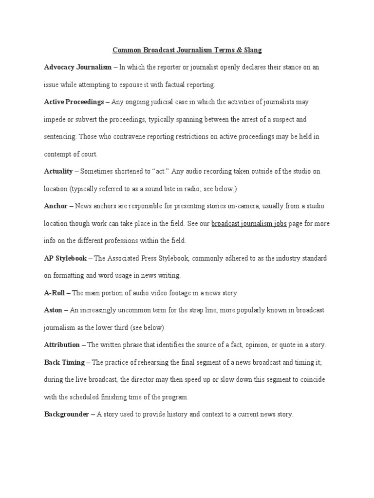 Broadcast Journalism Terms | PDF | News Broadcasting | News