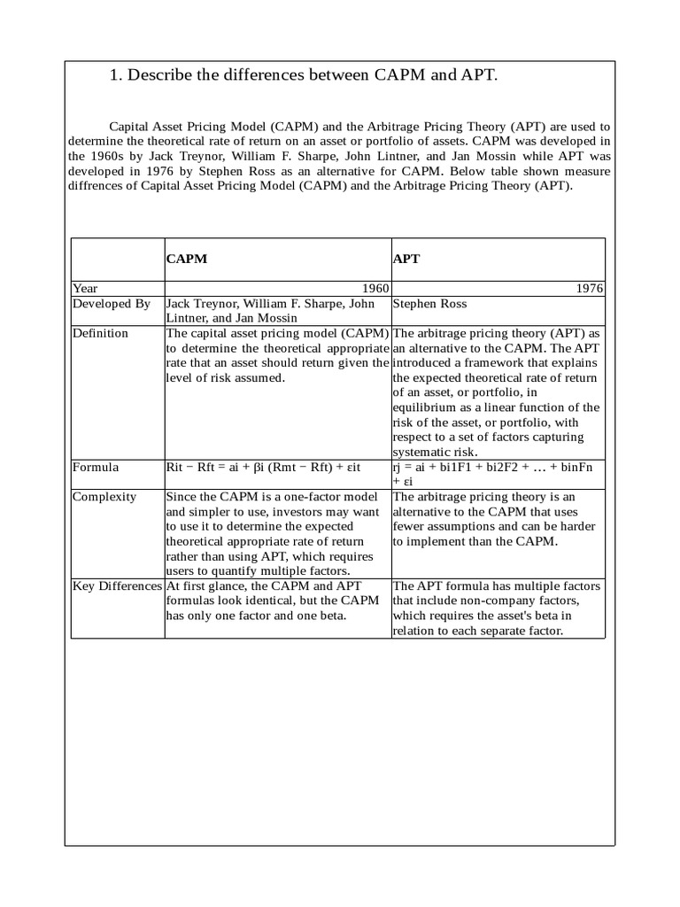 Describe The Differences Between CAPM and APT | PDF | Capital Asset Pricing Model | Mathematical ...