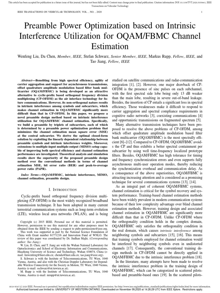 Preamble Power Optimization Based On Intrinsic Interference Utilization For OQAM FBMC Channel ...