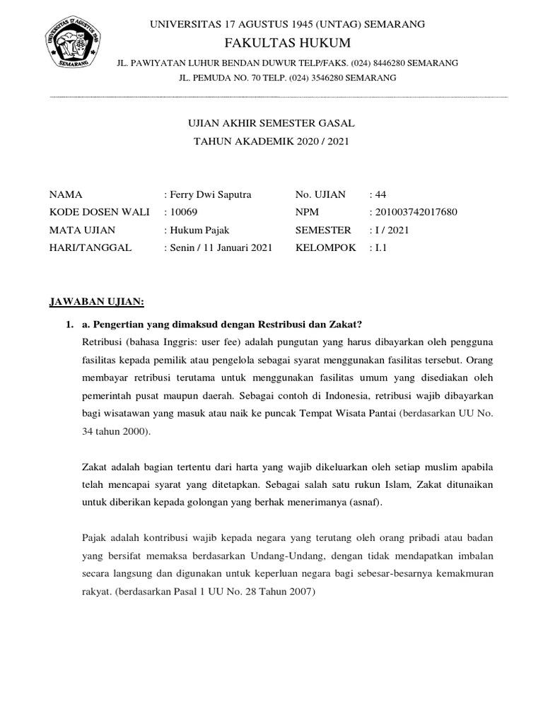 UAS Hukum Pajak - Ferry Dwi Saputra - 201003742017680 | PDF | Pengelolaan Keuangan & Uang