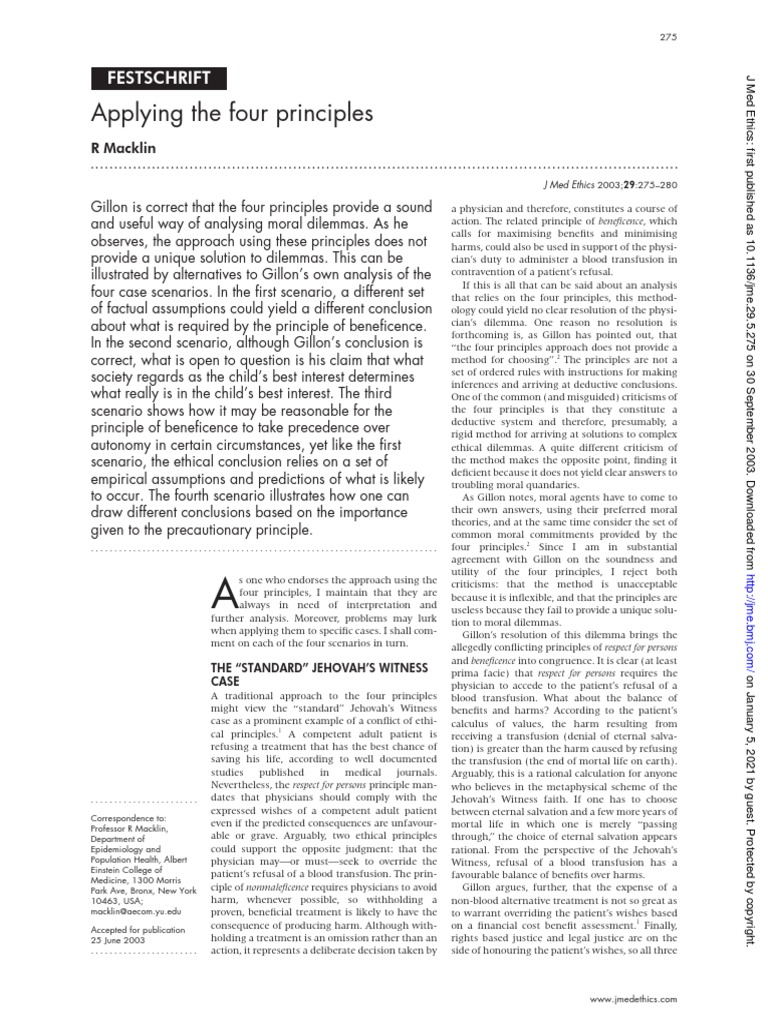 Applying The Four Principles: Festschrift | PDF | Autonomy | Organ Donation