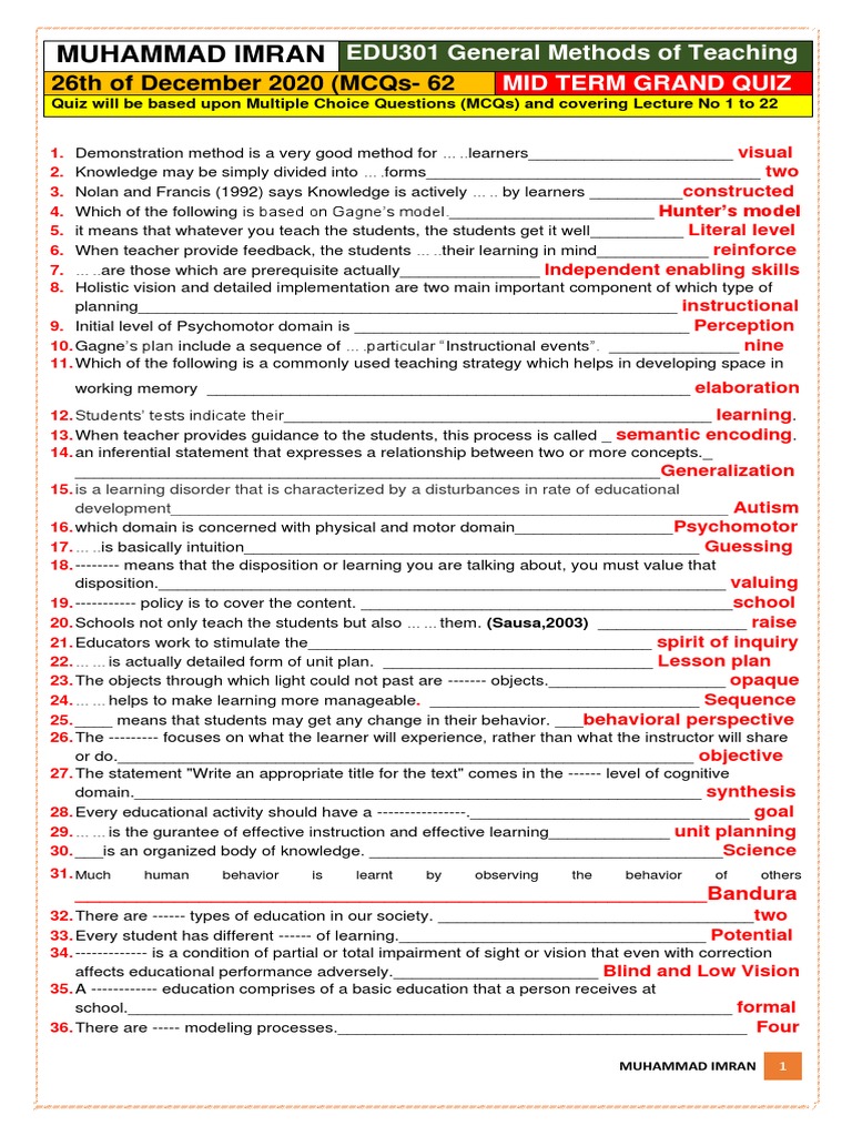 EDU301 General Methods of Teaching (Grand Quiz) (MCQs 62 ) | PDF | Multiple Choice | Learning
