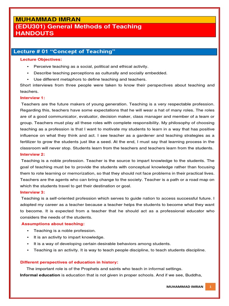 EDU301 General Methods of Teaching (HANDOUTS) | PDF | Teachers | Pedagogy