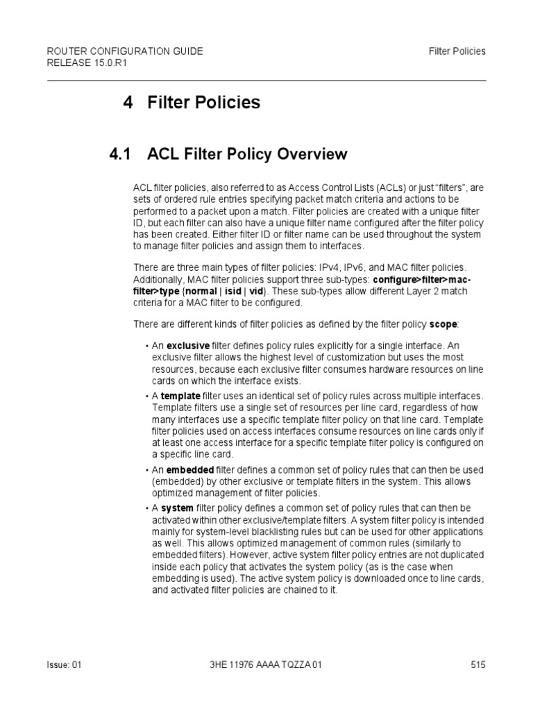 4 Filter Policies: 4.1 ACL Filter Policy Overview | PDF | I Pv6 | Ip ...