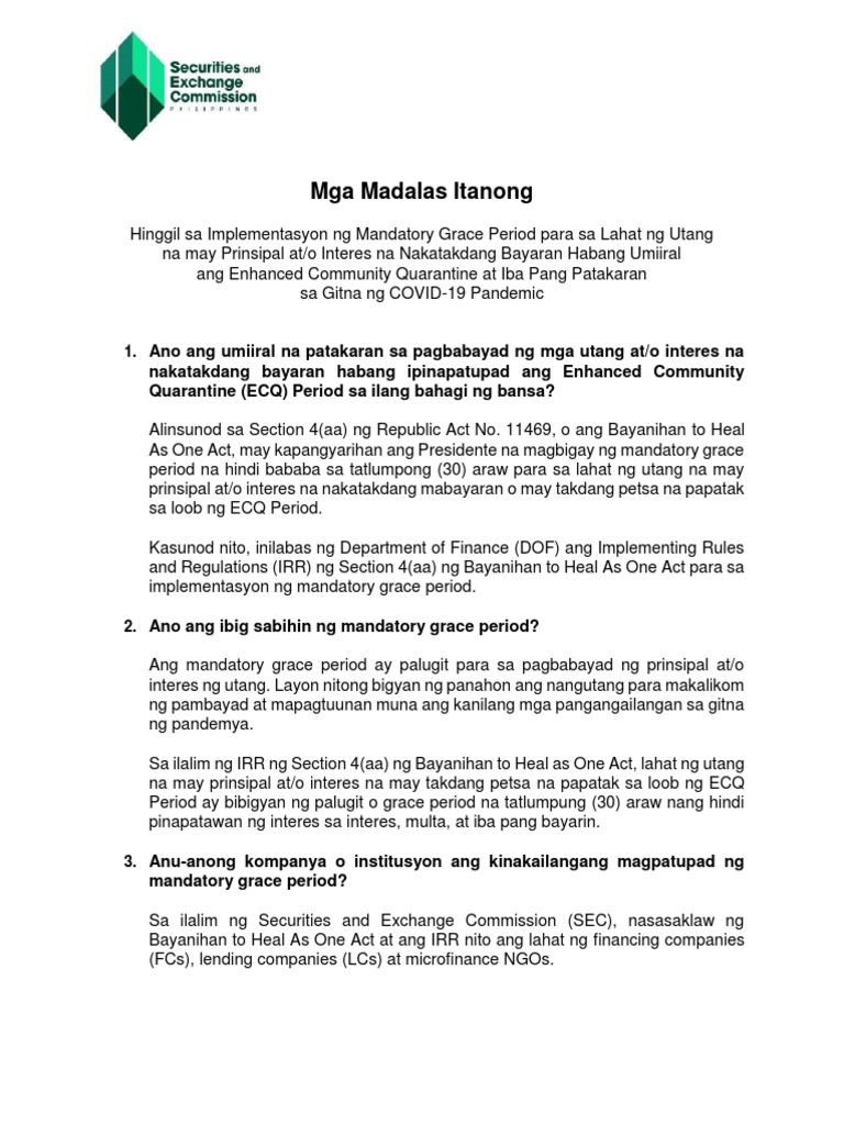 Mandatory Grace Period Sa Pagbabayad NG Utang | PDF