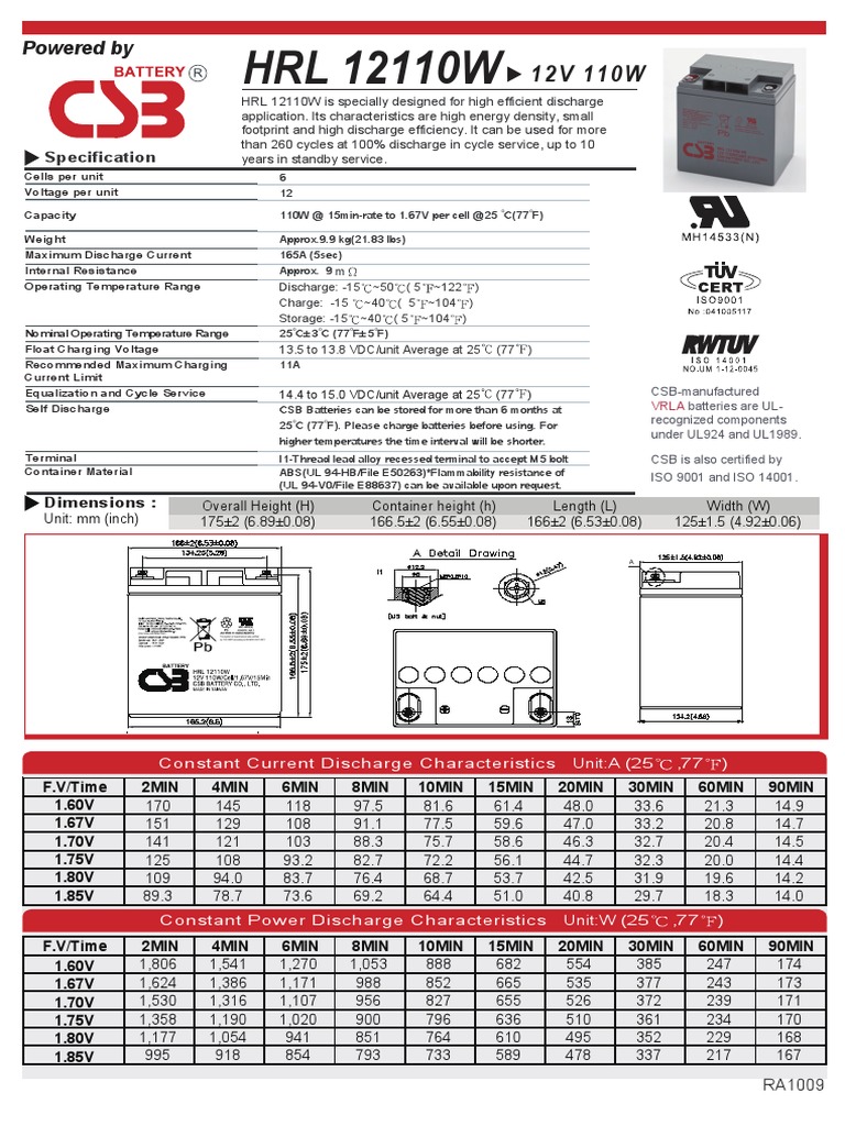 CSB HRLW12110 Battery Datasheet | PDF | Electric Power | Physical ...