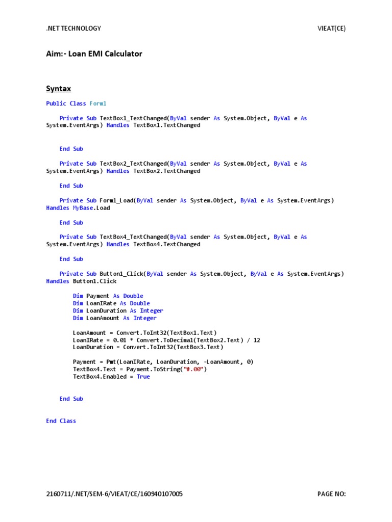 Aim:-Loan EMI Calculator: Vieat (Ce) | PDF | Teaching Methods ...