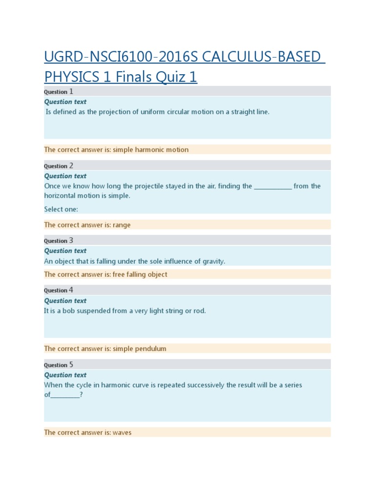 Ugrd-Nsci6100-2016s Calculus-Based Physics 1 Finals Quiz 1 | PDF ...