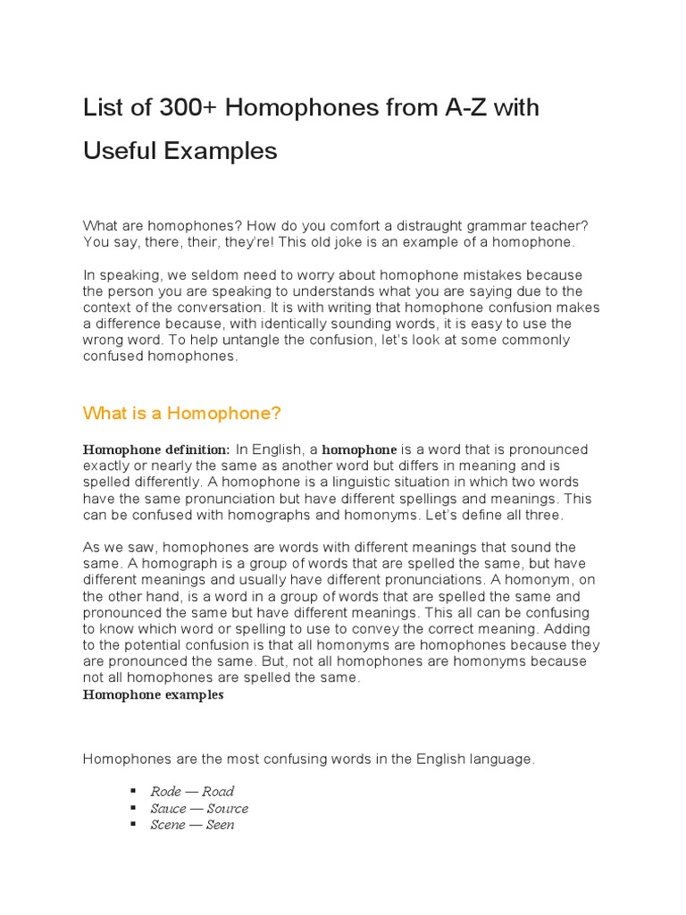 List of 300+ Homophones From A-Z With Useful Examples | PDF