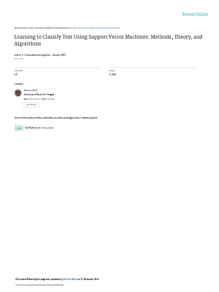 Learning To Classify Text Using Support Vector Machines: Methods, Theory, and Algorithms | PDF ...