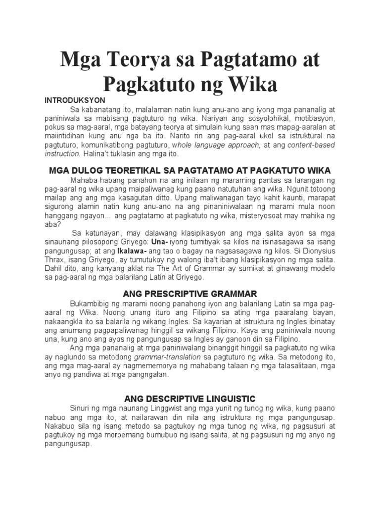 4-Mga Teorya Sa Pagtatamo at Pagkatuto NG Wika | PDF
