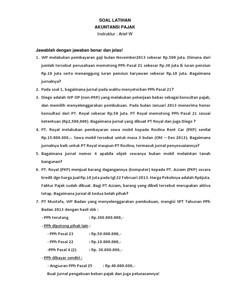 Soal Latihan Akuntansi Pajak I | PDF | Pengelolaan Keuangan & Uang | Hukum