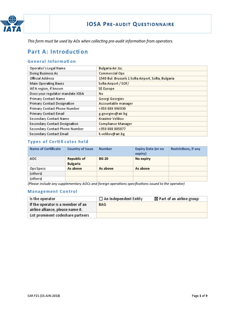 An Overview of Bulgaria Air's Operations for an Upcoming IOSA Audit ...