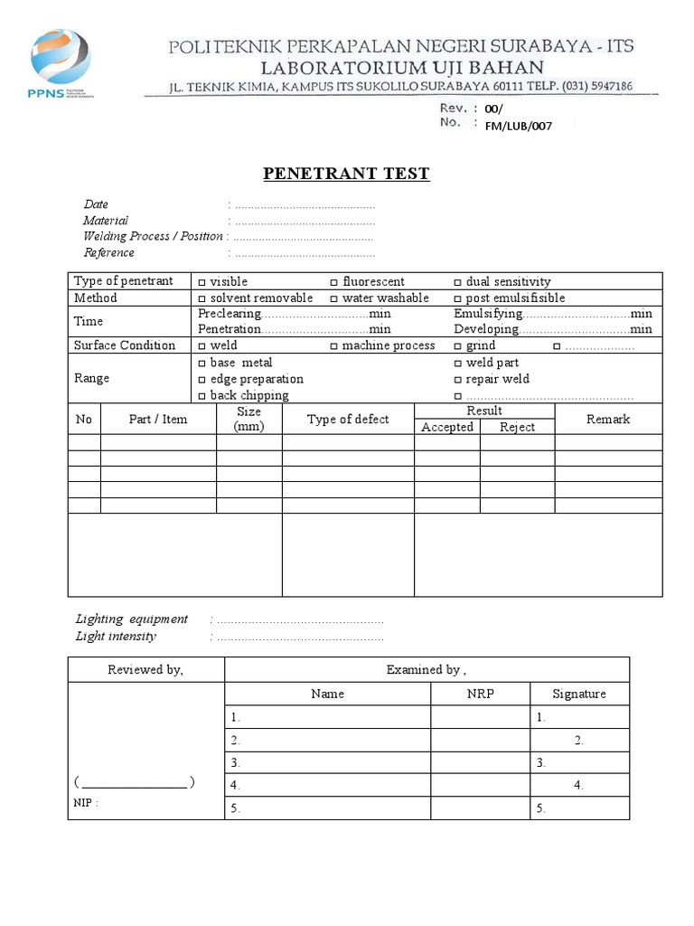 Form Lampiran Penetrant Test | PDF | Welding | Construction