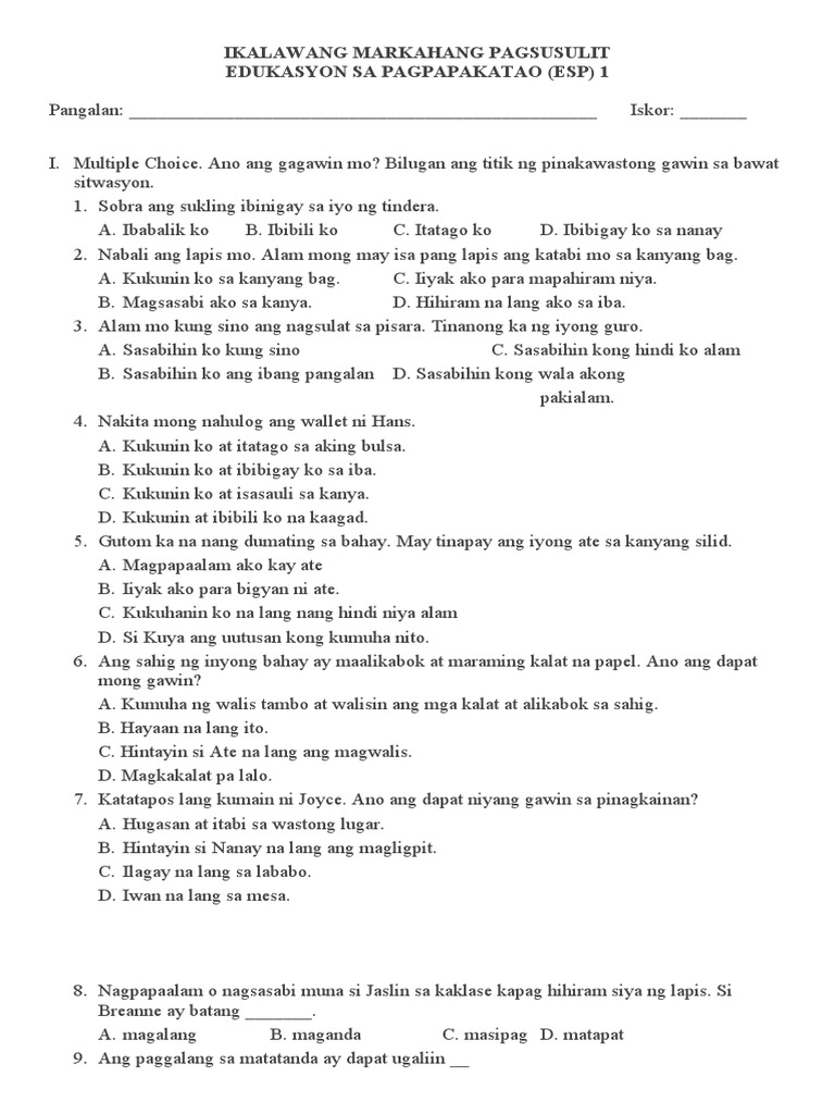 IKALAWANG MARKAHANG PAGSUSULIT All Subjects Grade 1 | PDF