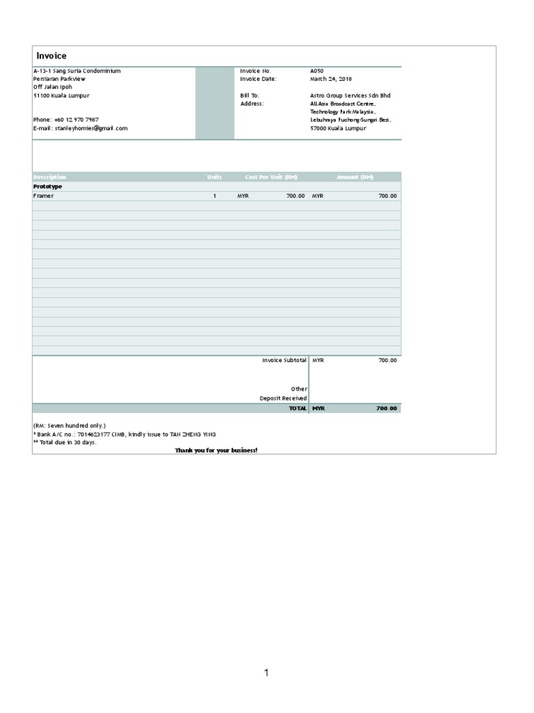Invoice: Description Units Cost Per Unit (RM) Amount (RM) | PDF