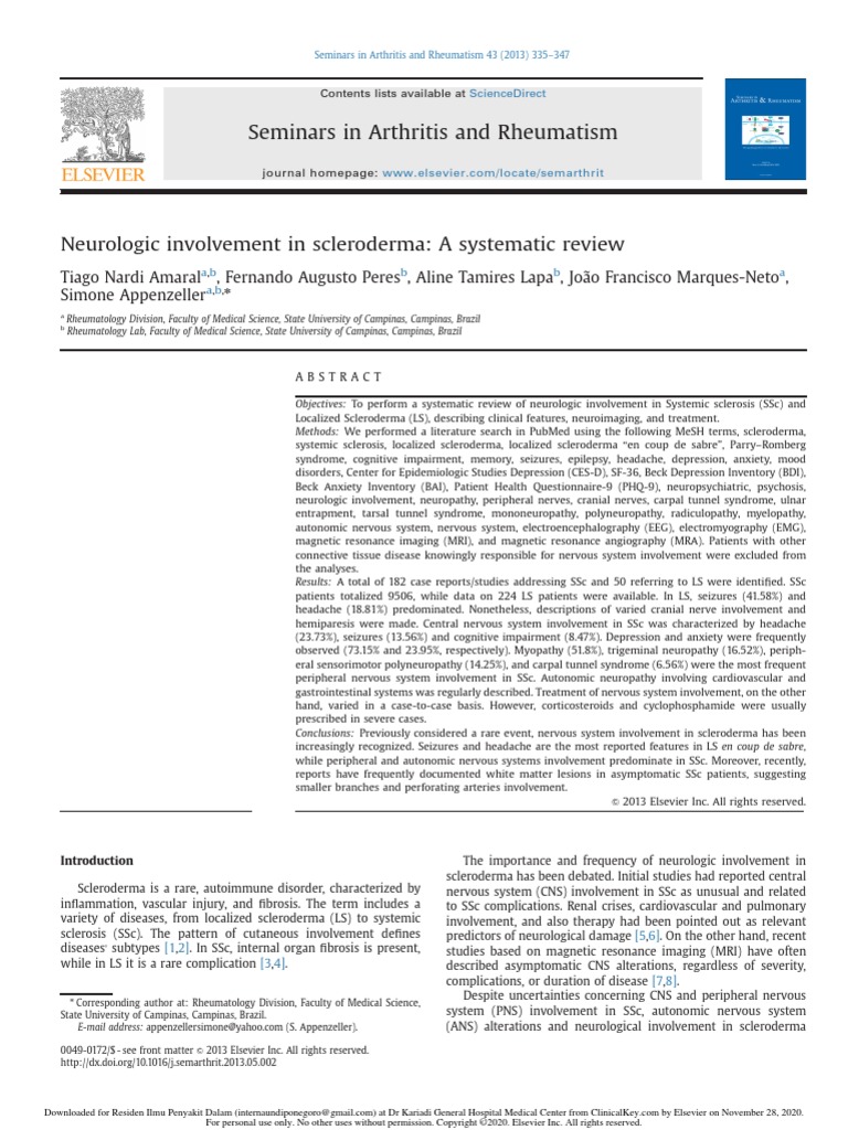Neurologic Involvement in Scleroderma, A Systematic Review | PDF ...