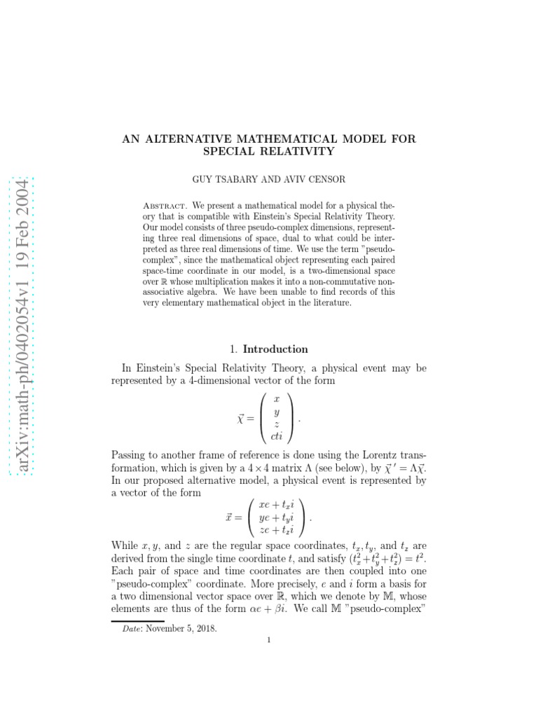 An Alternative Mathematical Model For Special Relativity Guy Tsabary and Aviv Censor | PDF ...