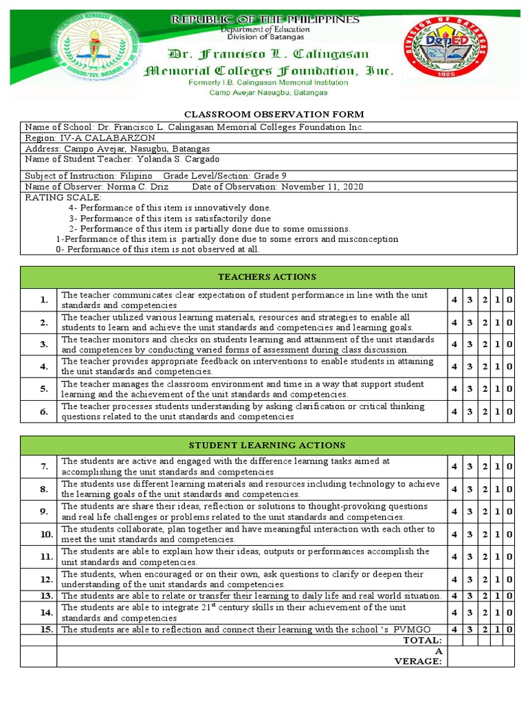 Classroom Observation Evaluation Form | PDF | Teachers | Education Theory