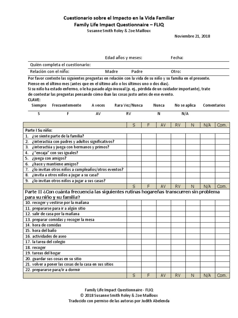 Family Life Impact Questionnaire Spanish Dec 18 | PDF | Familia | Sociedad