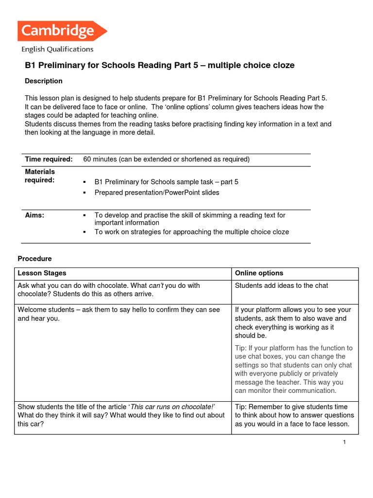 (Online Teaching) B1 Preliminary For Schools Reading Part 5 | PDF ...