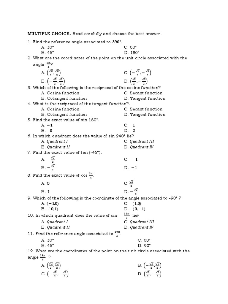 Multiple Choice Trigonometry | PDF | Trigonometric Functions | Sine